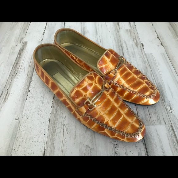 Escada | Shoes | Vintage Escada Metallic Gold Croc Embossed Patent ...